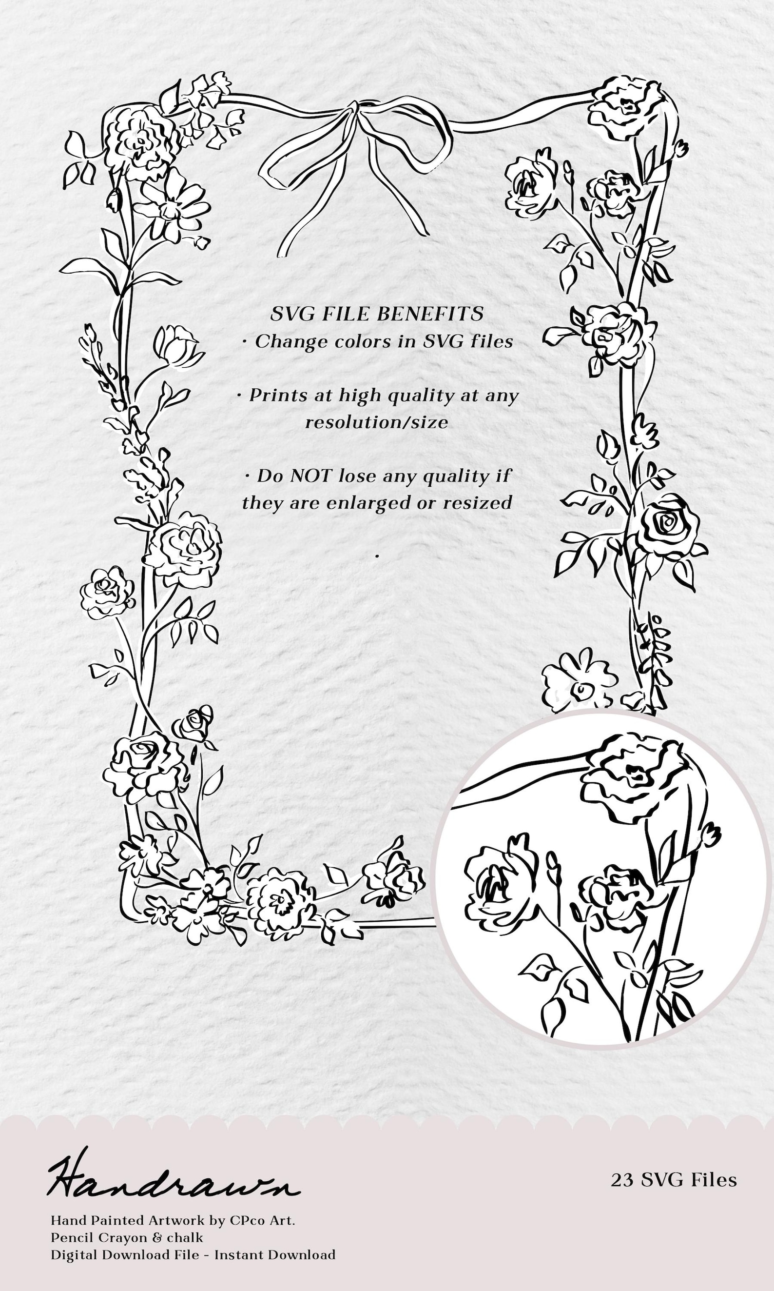 Hand Drawn Whimsical Flower Ribbon Frame Illustrations, Line Drawing ...