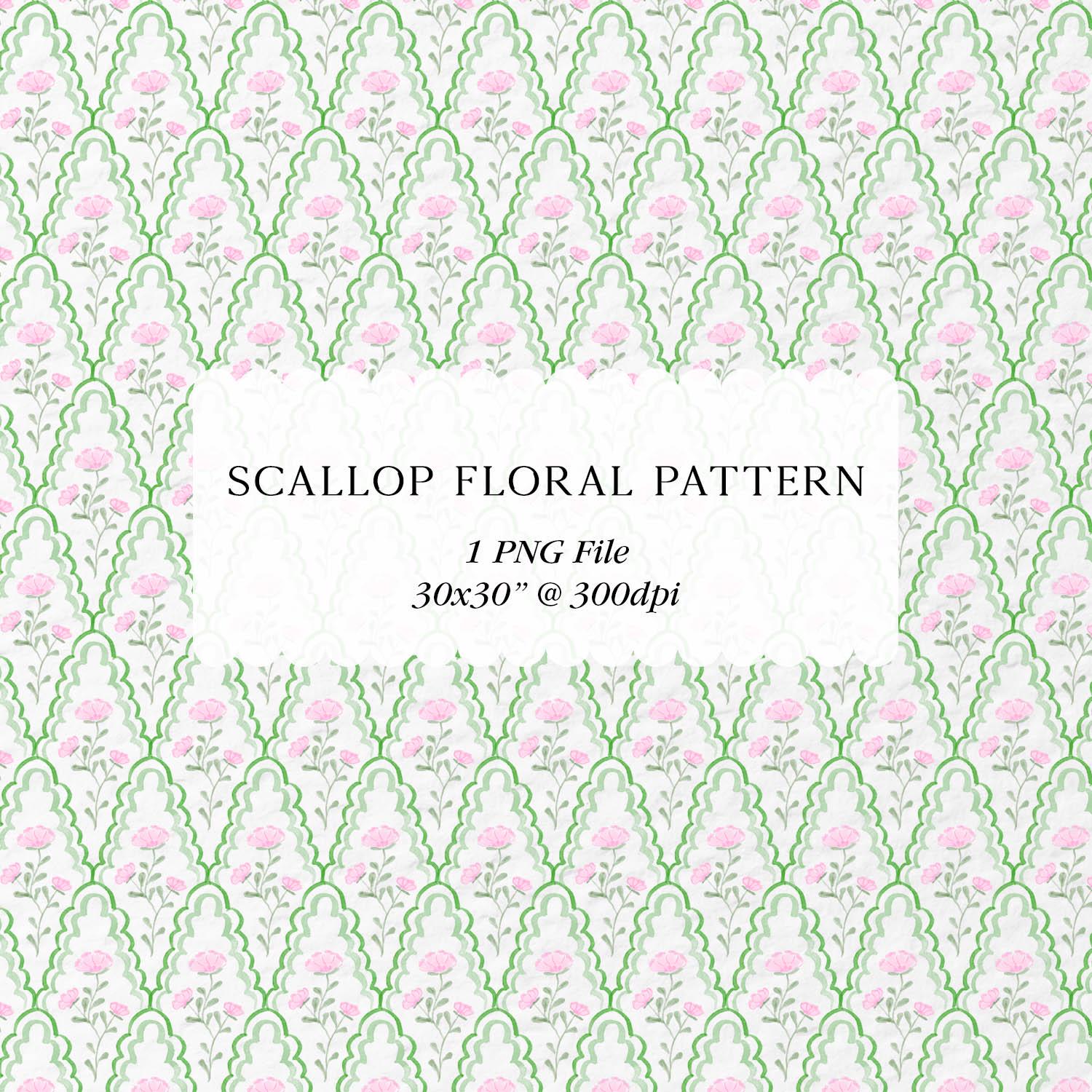 Grandmillennial Green Scallop Pattern Pink Flowers Watercolor ...
