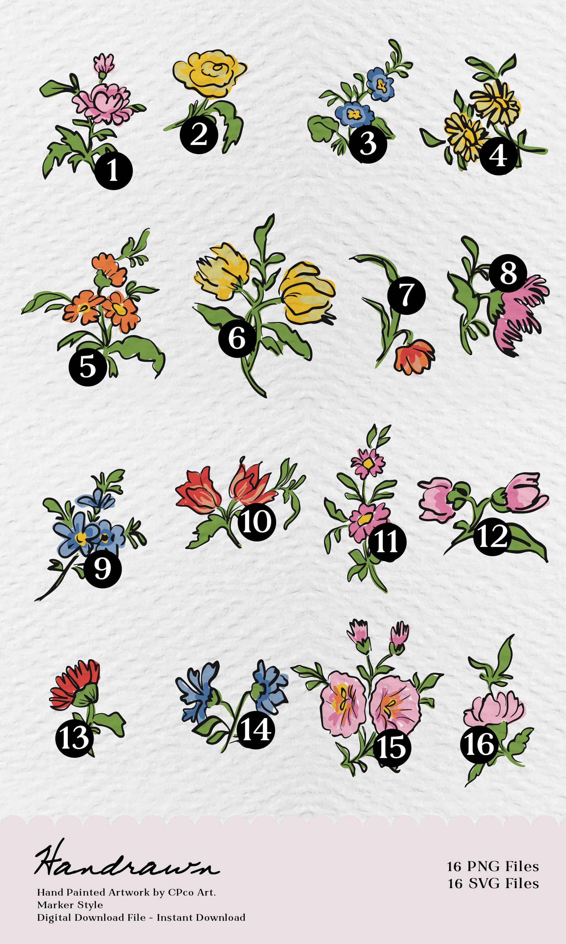 Hand Drawn Whimsical Flower Illustrations PNG, SVG Flower Clip Part ...