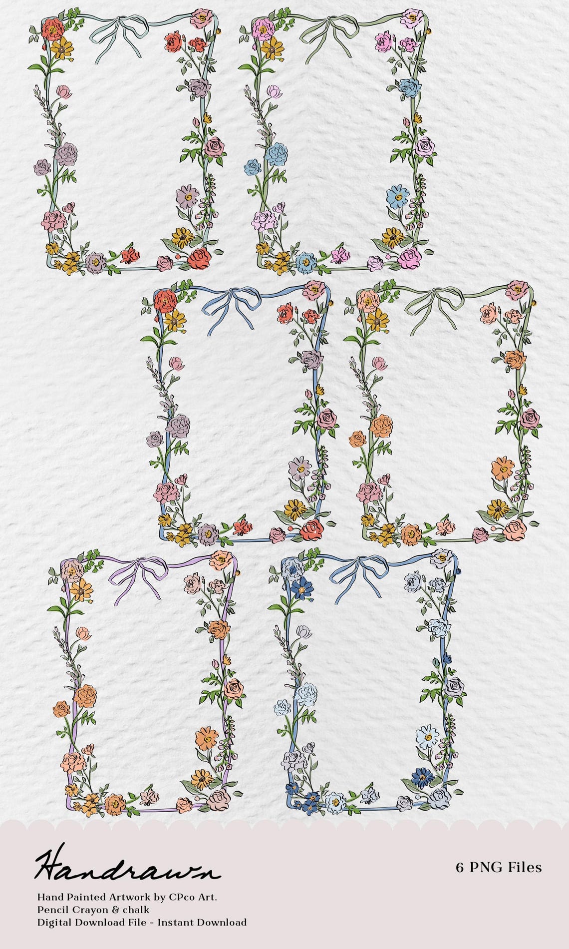 Hand Drawn Whimsical Flower Ribbon Frame Illustrations PNG, Invitation ...