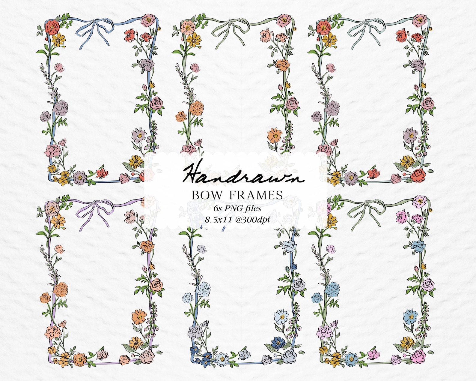 Hand Drawn Whimsical Flower Ribbon Frame Illustrations PNG, Invitation ...