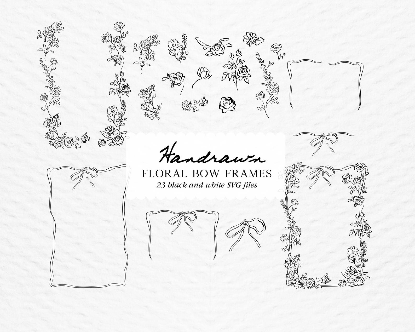 Hand Drawn Whimsical Flower Ribbon Frame Illustrations, Line Drawing ...