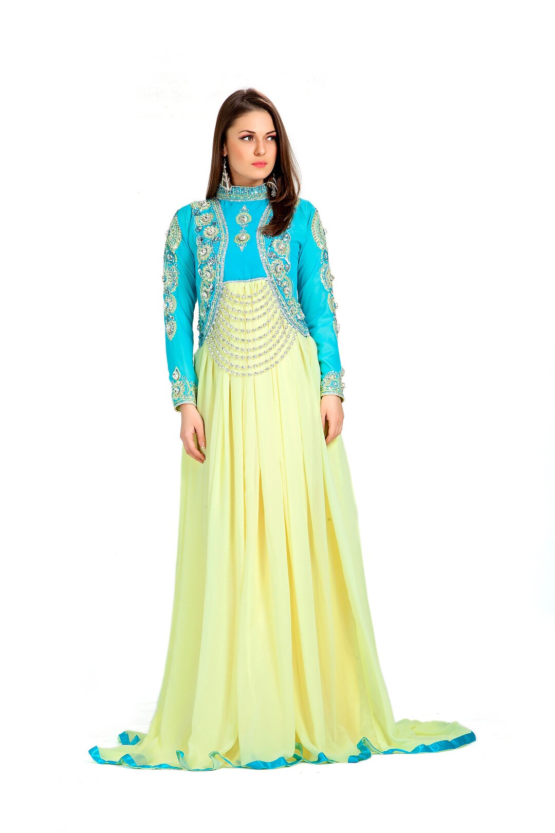 Lemon Yellow and Firozi Color Designer Kaftan for Women African Wedding ...