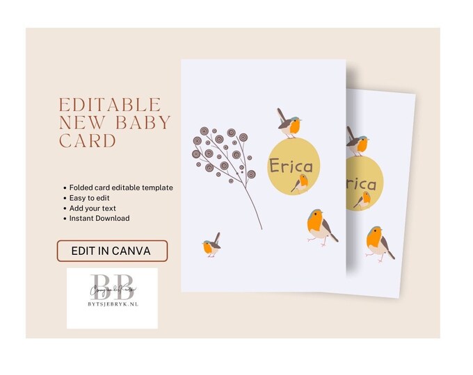 Birth Announcement Template Canva, Welcome Baby, Robin Editable Birth ...