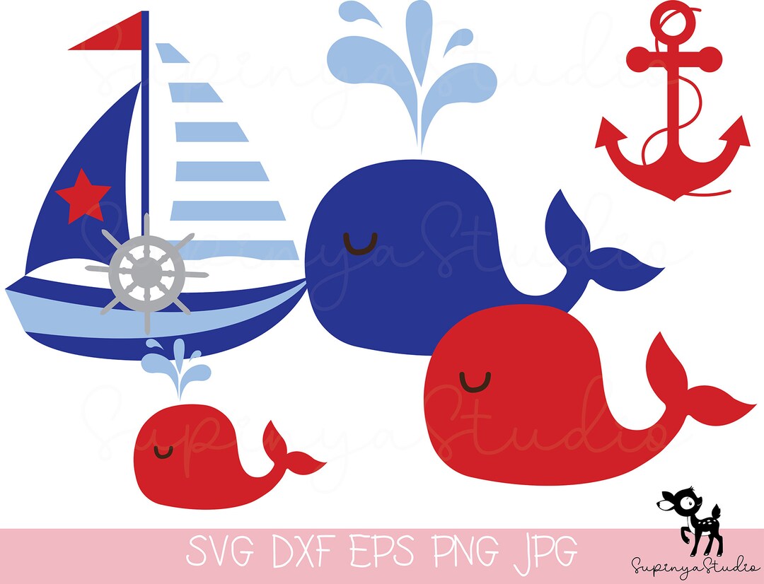 Nautical Clipart - Digital Vector, Whale, Whale Family, Boat, Nautical ...