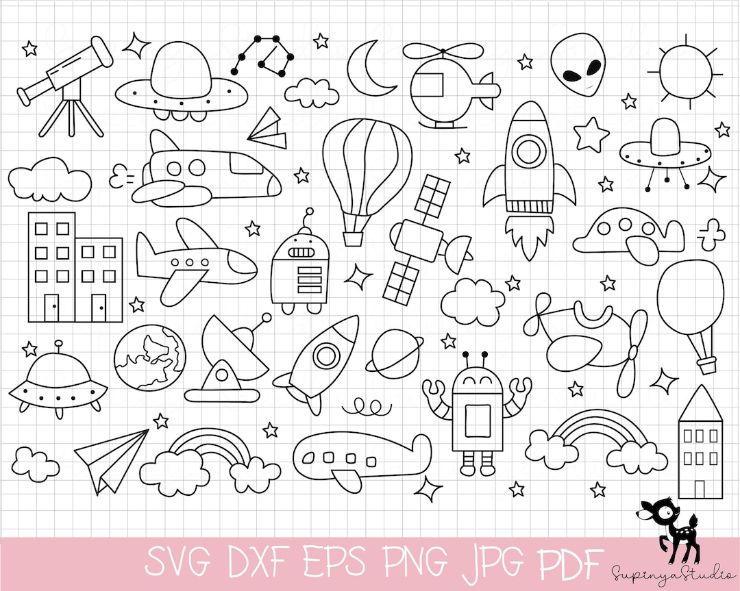 Space and Aviation Coloring Page | Digital Doodle Pattern | Kids ...