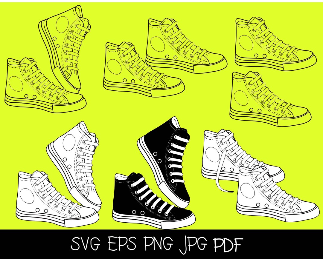 High Top Sneaker SVG Clipart Bundle, Converse Style Shoes PNG, Black ...