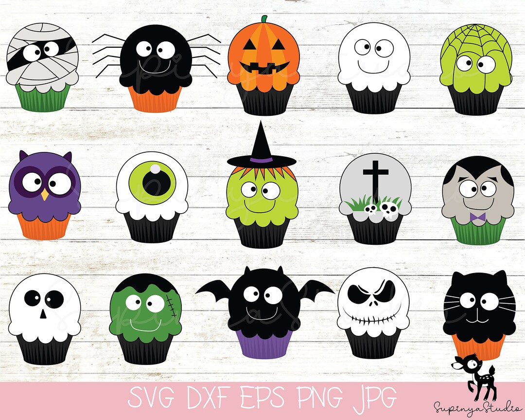 15 Halloween Cupcake Clipart SVG, Fun Cupcakes, Pumpkin, Halloween Clip ...