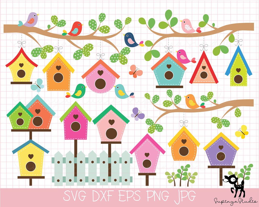 Birds and Birdhouses SVG Clip Art Set of Birds, Birdhouses, Spring ...