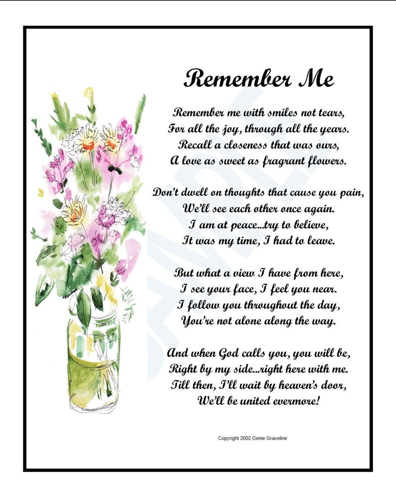 Remember Me Loss of Mother Father Son Daughter UNFRAMED - Etsy