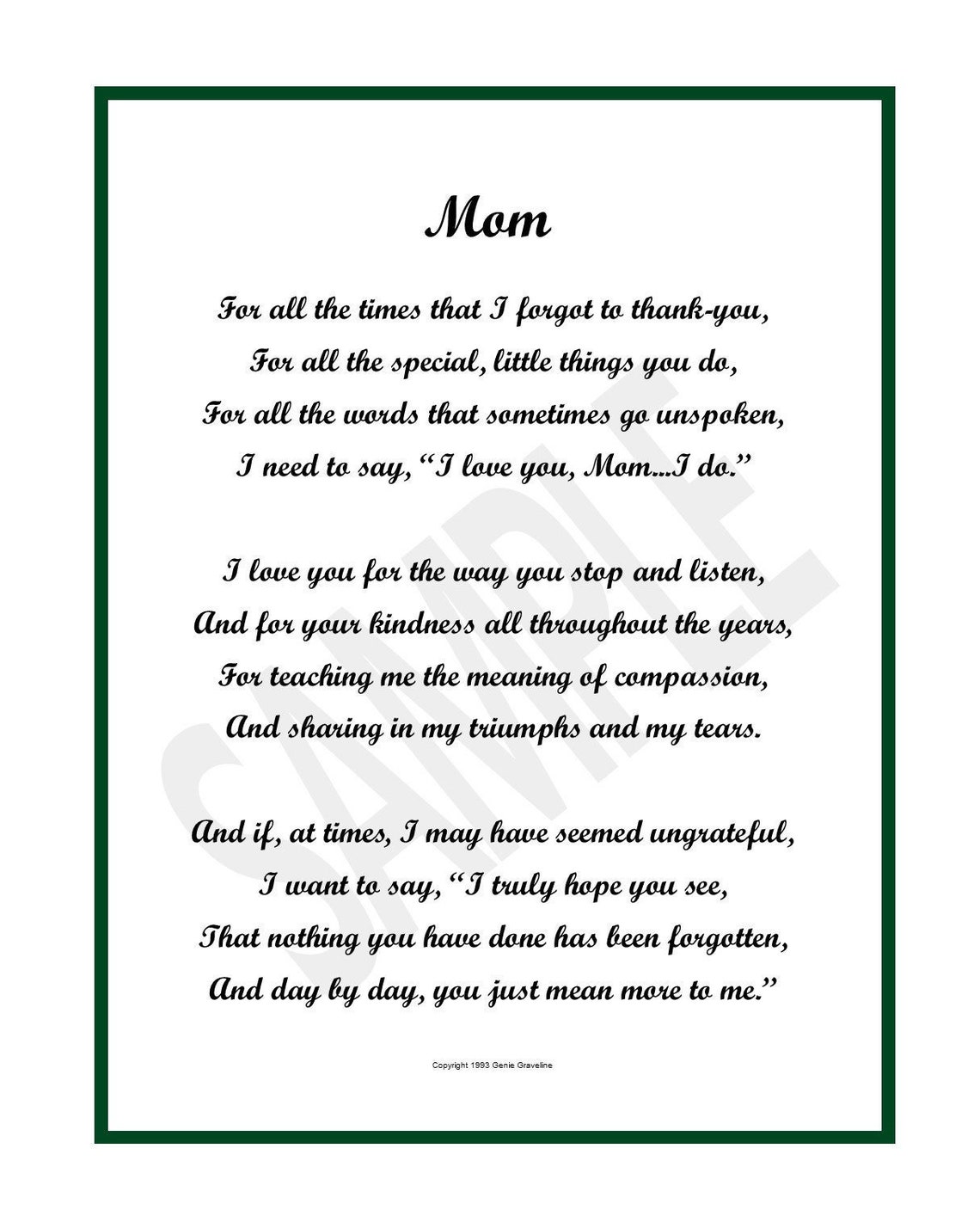 Mom Appreciation Poem, DIGITAL DOWNLOAD, Mom Gift Verse Print Thank You ...