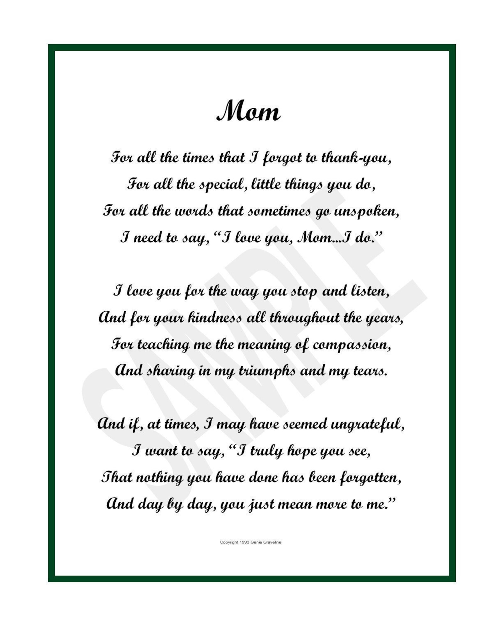Mom Appreciation Poem, DIGITAL DOWNLOAD, Mom Gift Verse Print Thank You ...