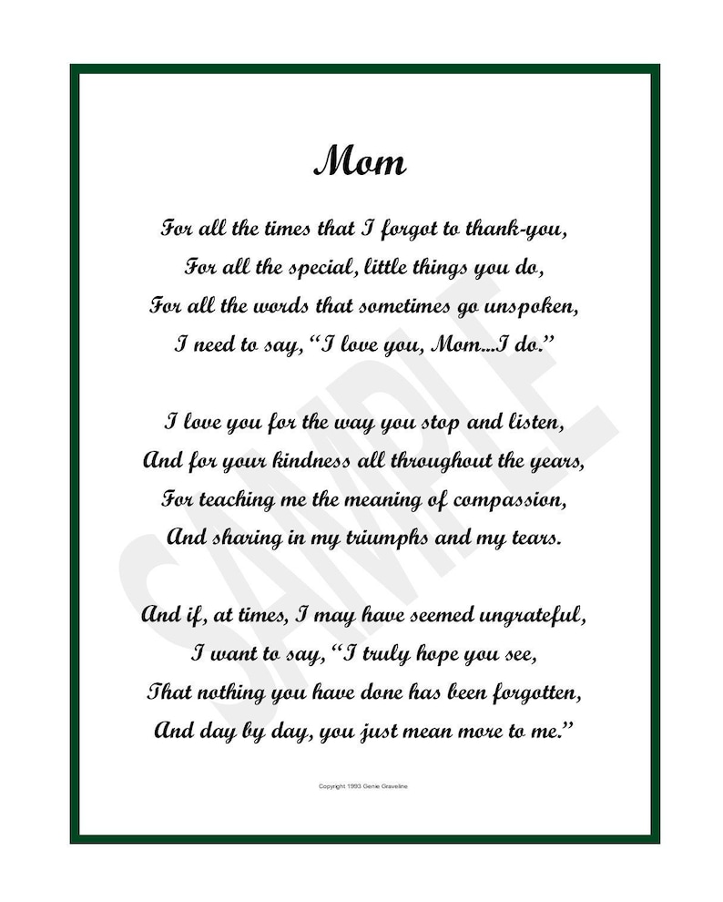Mom Appreciation Poem, DIGITAL DOWNLOAD, Mom Gift Verse Print Thank You ...