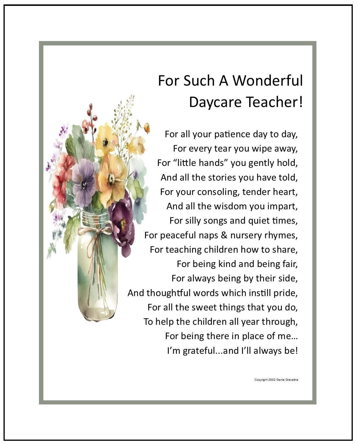 Thank You for Daycare Teacher, Daycare Teacher Gift Present Print Verse ...