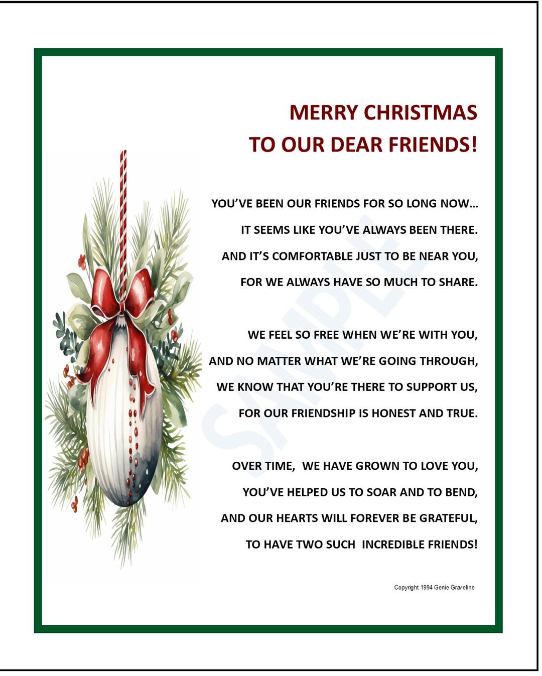 Merry Christmas Digital Printable 8x10 Poem Print for Friends, Merry ...