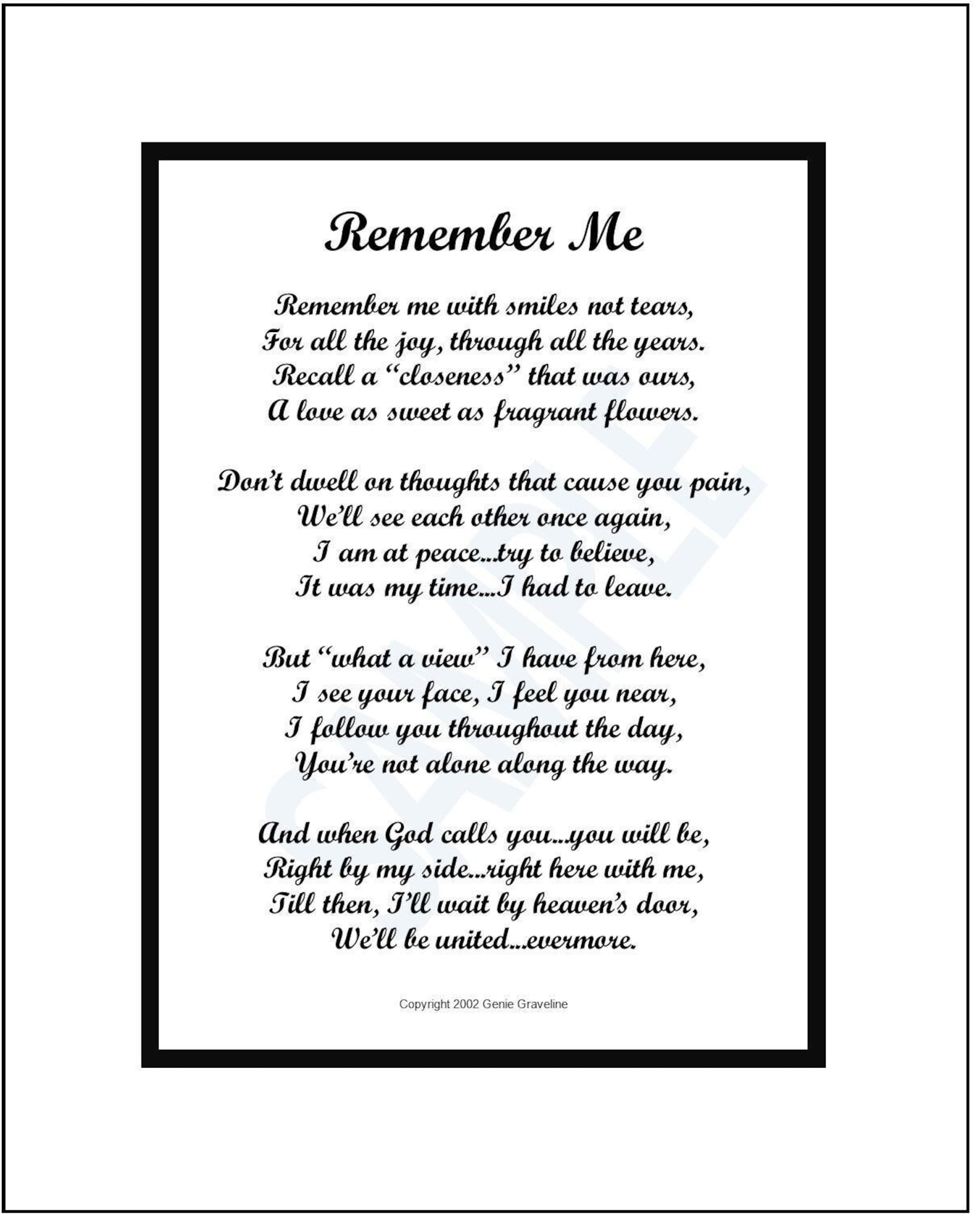 Memorial Poem, DIGITAL DOWNLOAD, Remember Me, Memorial Gift, Loss of ...