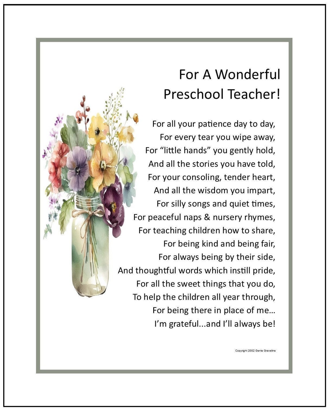 Thank You to Preschool Teacher, DIGITAL DOWNLOAD, Poem for Preschool ...
