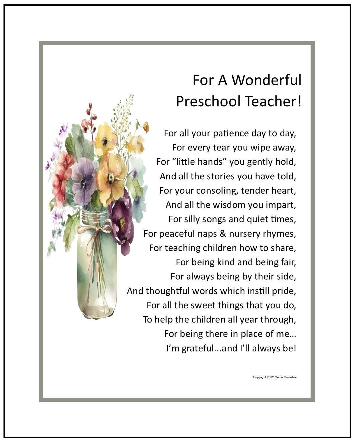 Thank You to Preschool Teacher, DIGITAL DOWNLOAD, Poem for Preschool ...