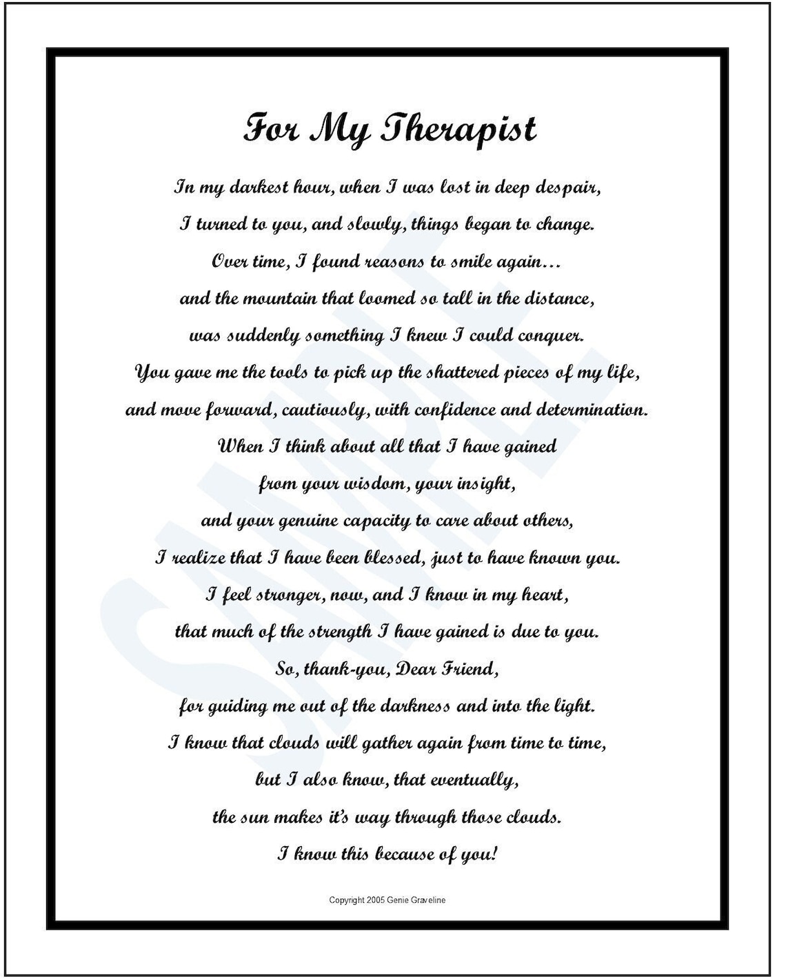 Poem for My Therapist, Therapist Gift, Therapist Thank You, Therapist ...