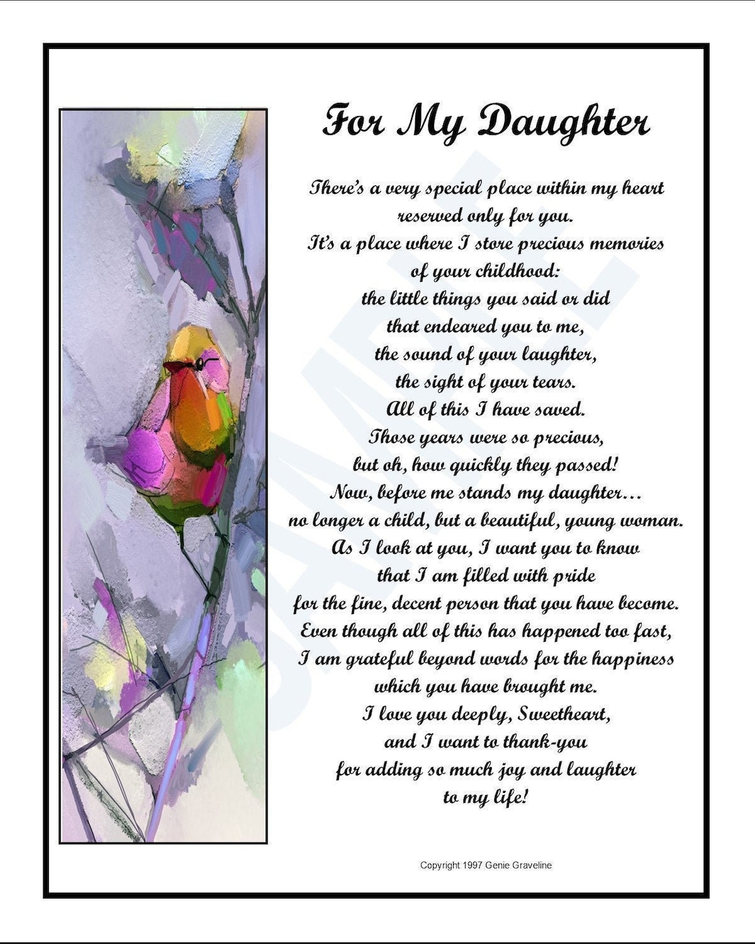 Daughter Poem- UNFRAMED DIGITAL DOWNLOAD, Best Daughter Gift Present ...