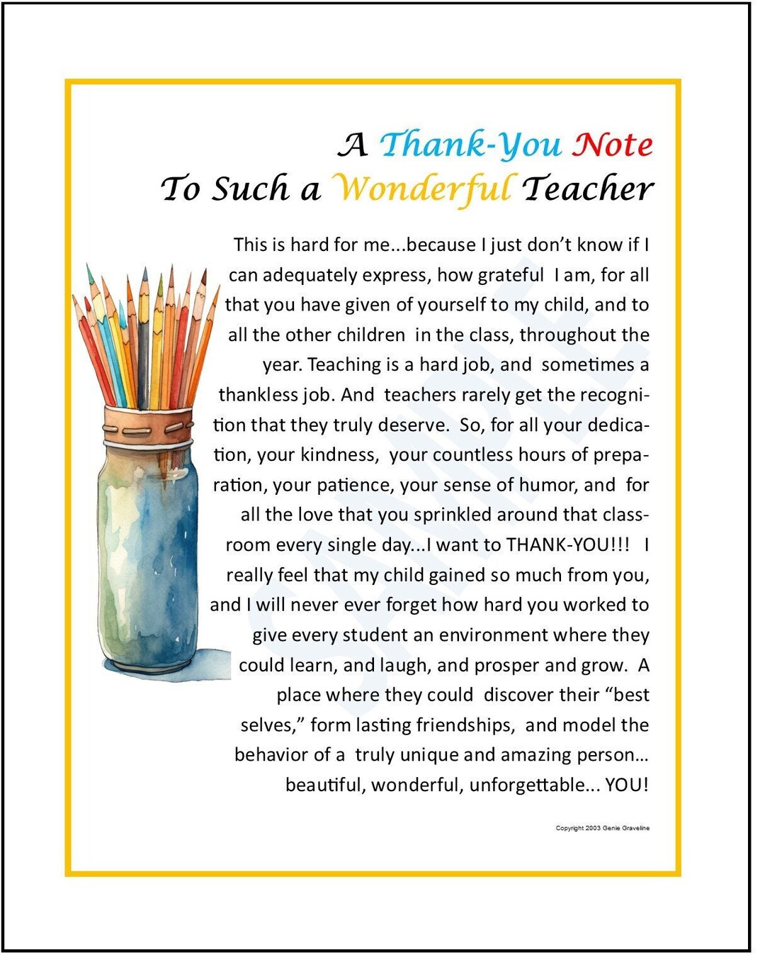 Teacher End of the Year Poem Gift Present Thank You Appreciation ...