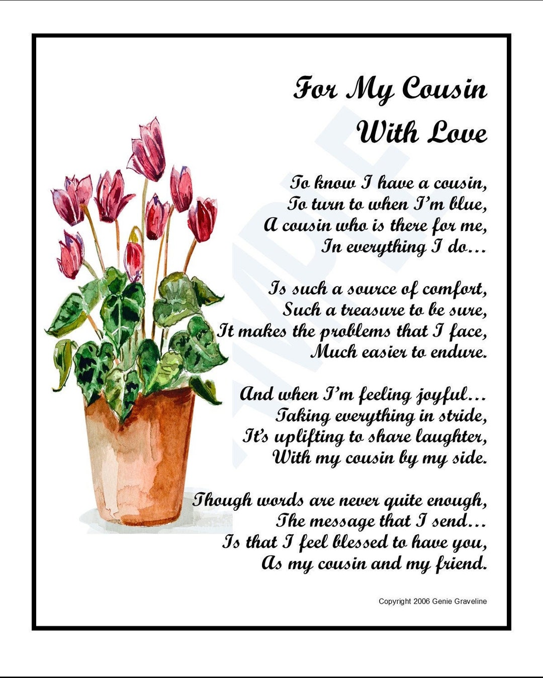 Cousin Poem-unframed DIGITAL DOWNLOAD- Cousin Present, Cousin Gift ...