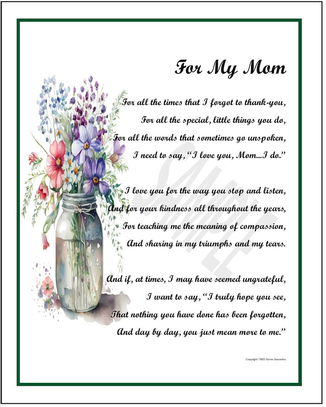 Sentimental Mom Poem-digital DOWNLOAD Poem for Mother's Birthday, Mom ...