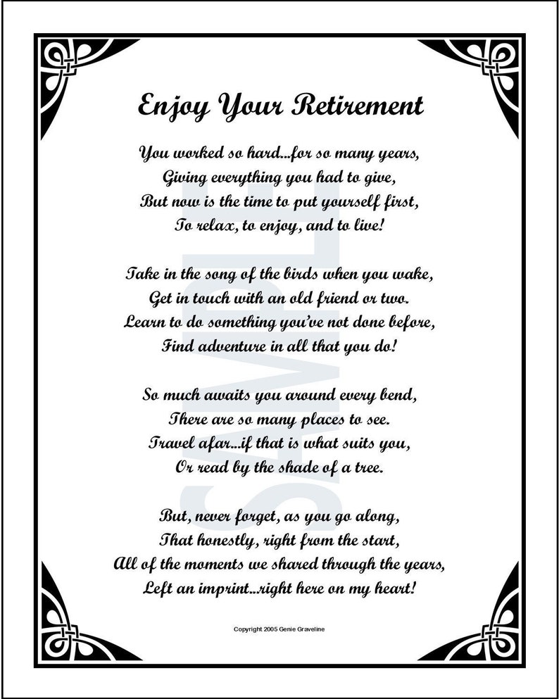 Retirement Poem, DIGITAL DOWNLOAD, Retirement Gift Present Verse Print ...