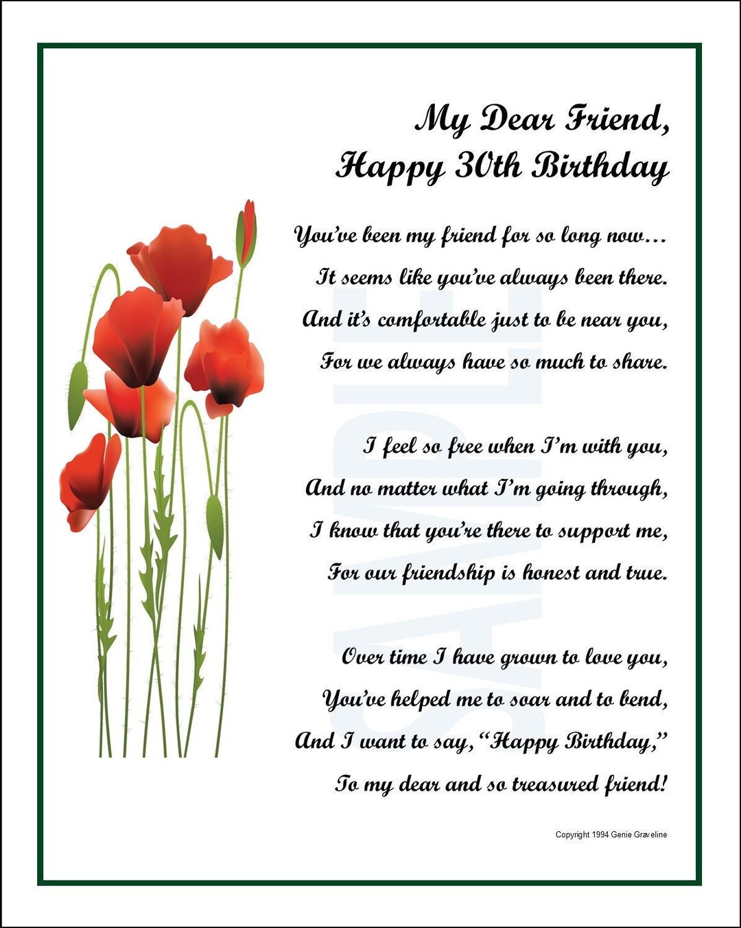 Friend 30th Birthday Poem. DIGITAL DOWNLOAD, 30th Birthday Gift Present ...