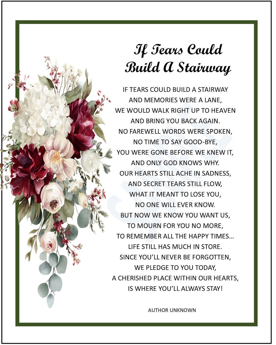 If Tears Could Build A Stairway Poem Print, Memorial Poem Print Gift ...