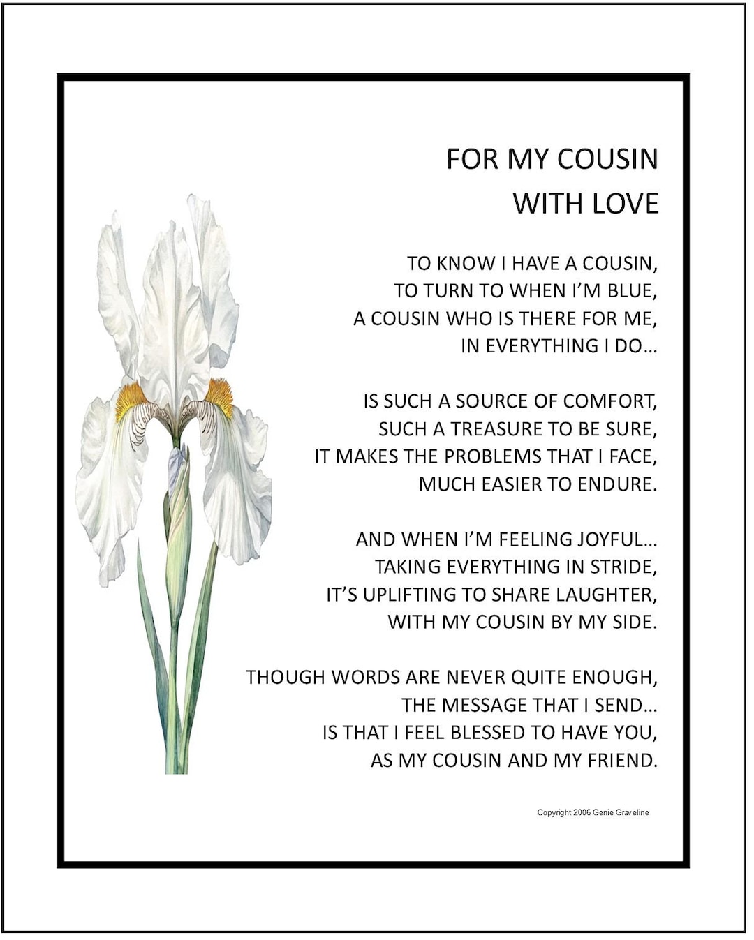 Sentimental Cousin Poem Print, Cousin 40th Birthday Gift, Cousin 50th ...