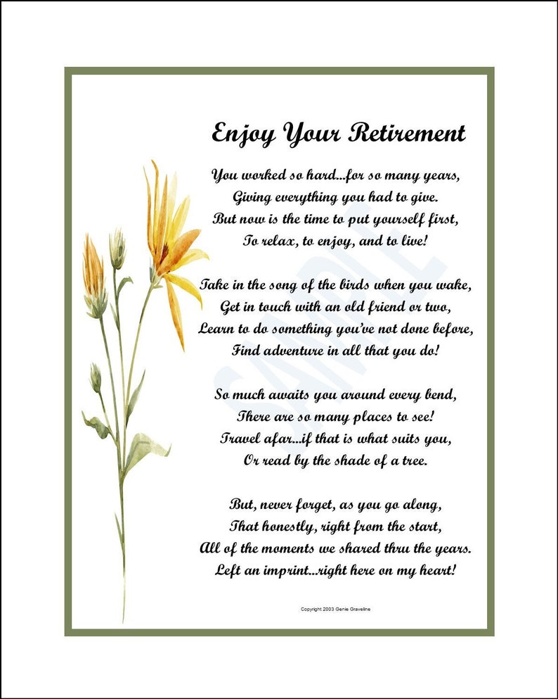 Retirement Poem, DIGITAL DOWNLOAD, Retirement Gift Present Print Verse ...