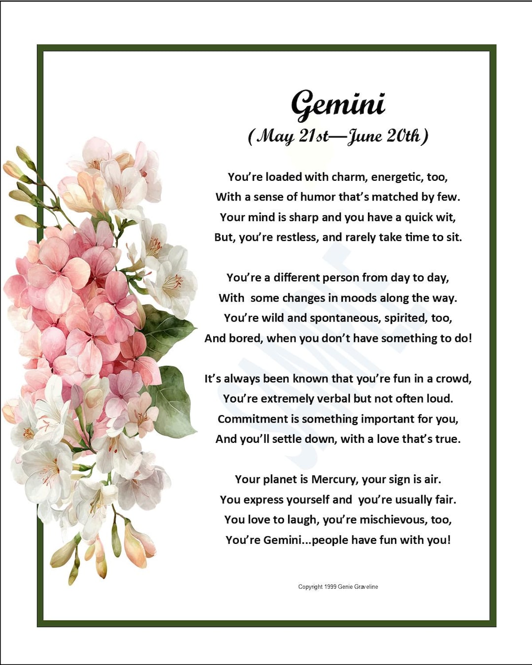Gemini Digital Printable Horoscope 8x10 Poem Zodiac Print Inexpensive ...