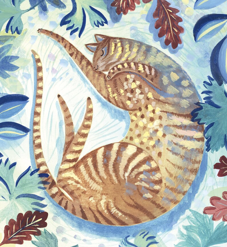 Sunbathing Tabby Cat Illustration Oak Tree Summer Watercolour Art Happy ...