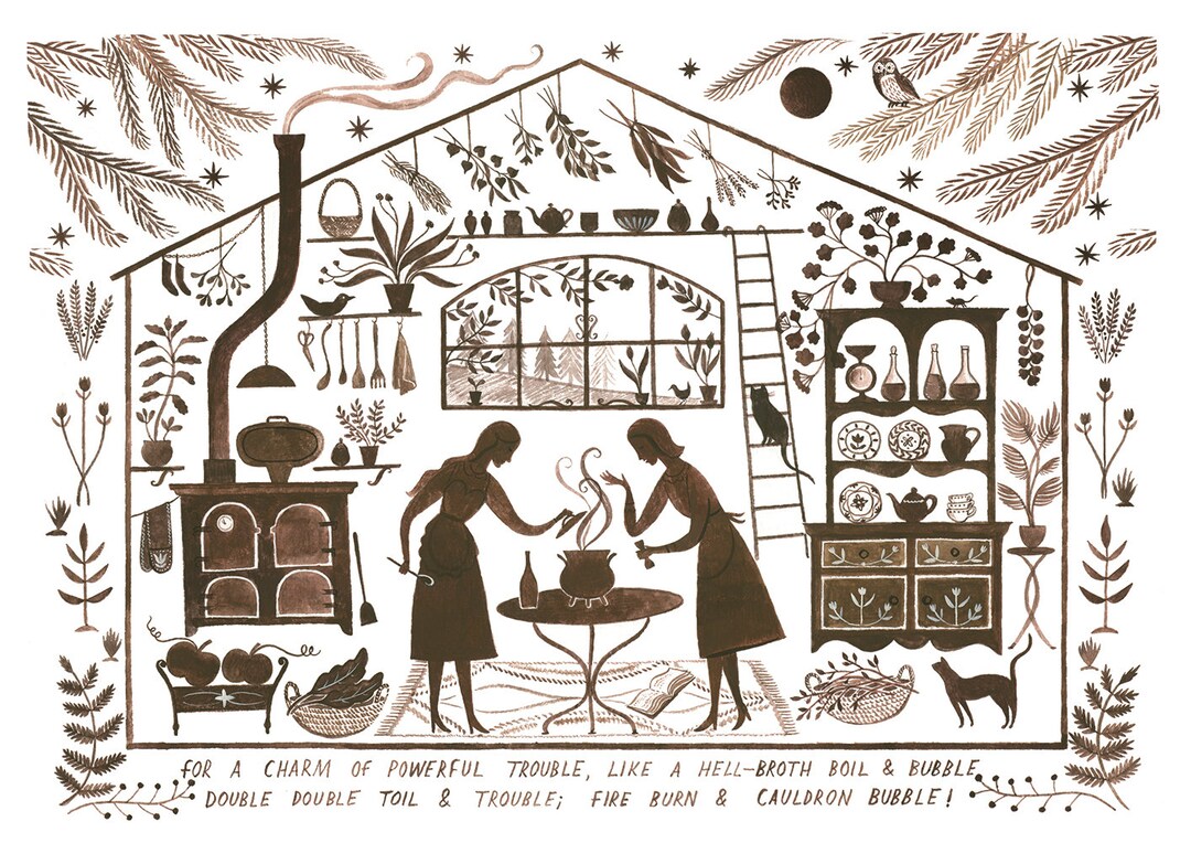 Macbeth Shakespeare Kitchen Illustration, Witches, Scandi Folk Art ...