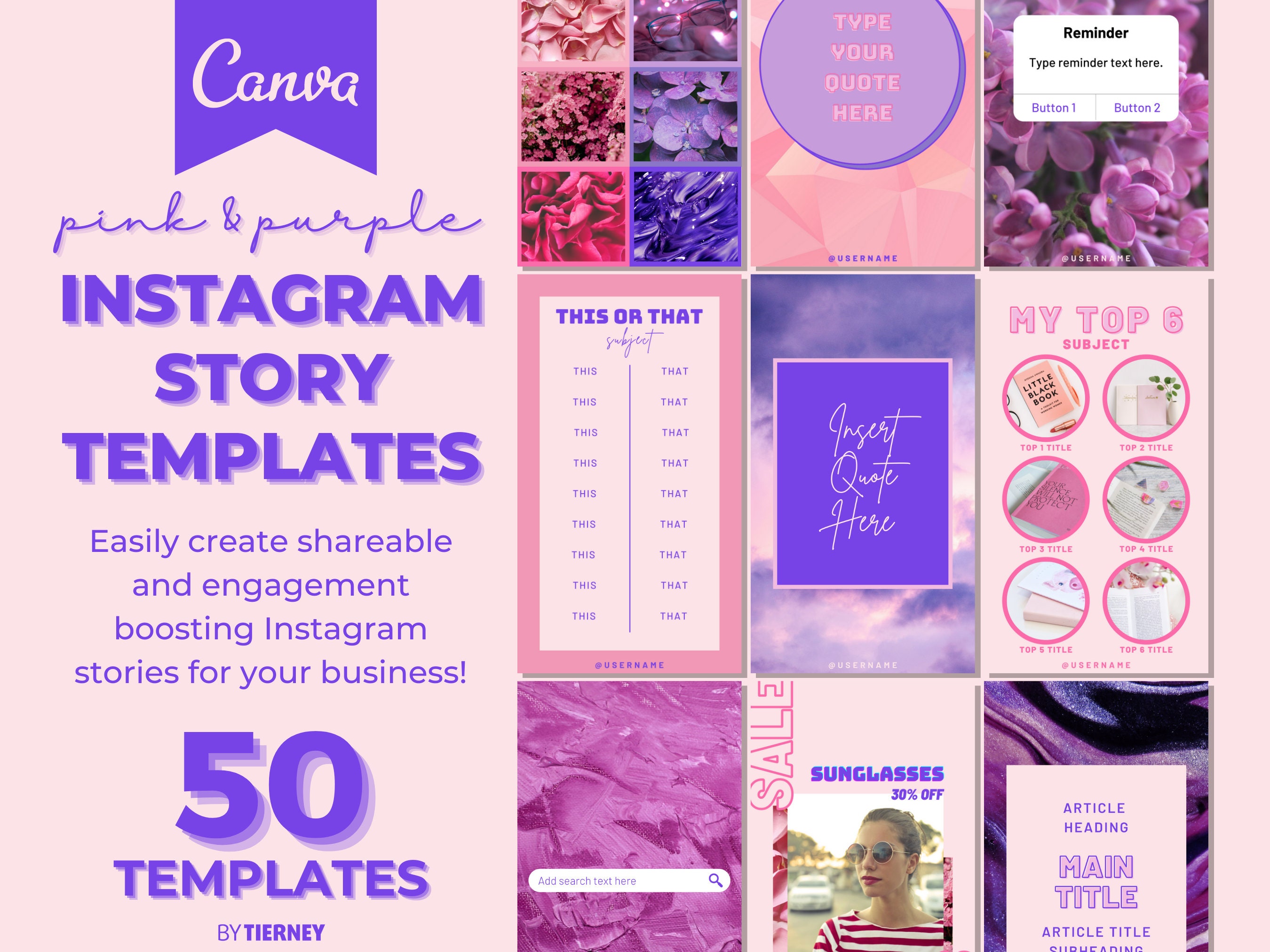 50 Pink & Purple Instagram Story Template Pack for Canva IG Template ...
