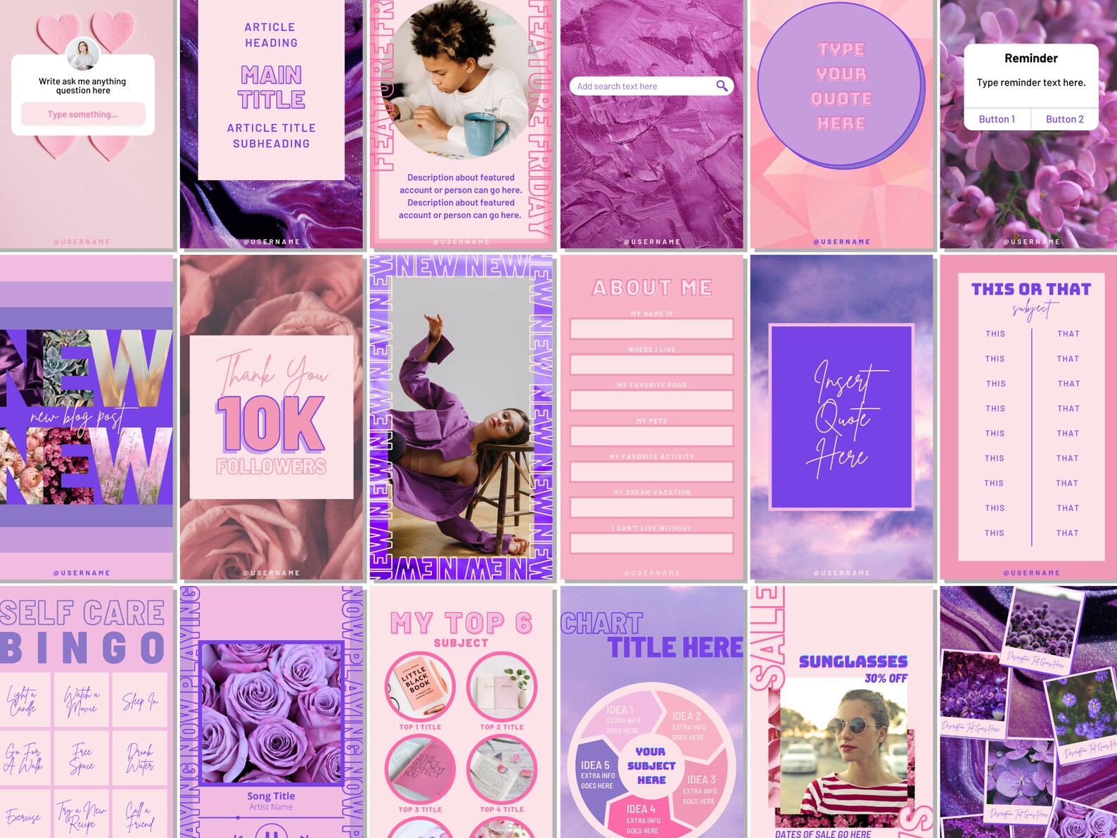 50 Pink & Purple Instagram Story Template Pack for Canva IG Template ...