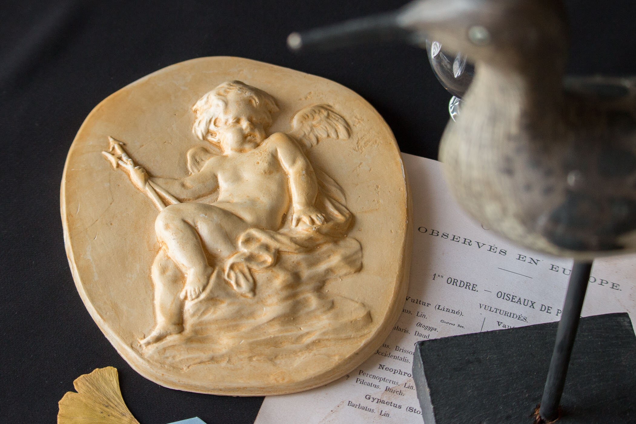 Putti Medallion Bas Relief With Arrows, Bow and Wings Patinated Ceramic ...