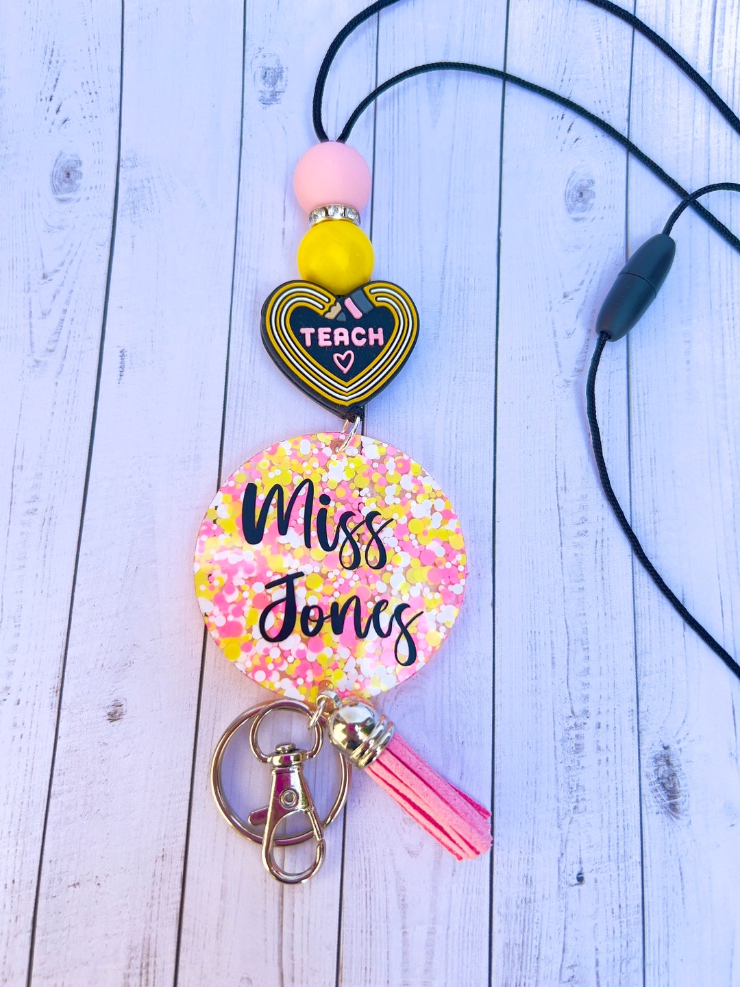 Pencil Teacher Lanyard Pink Yellow Custom Holder Beaded Affordable Gift ...