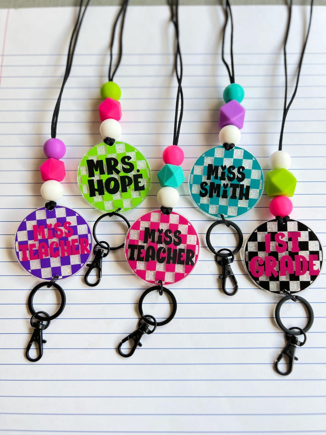 Checkered Board Lanyard Teacher Badge ID Holder Custom Beaded ...