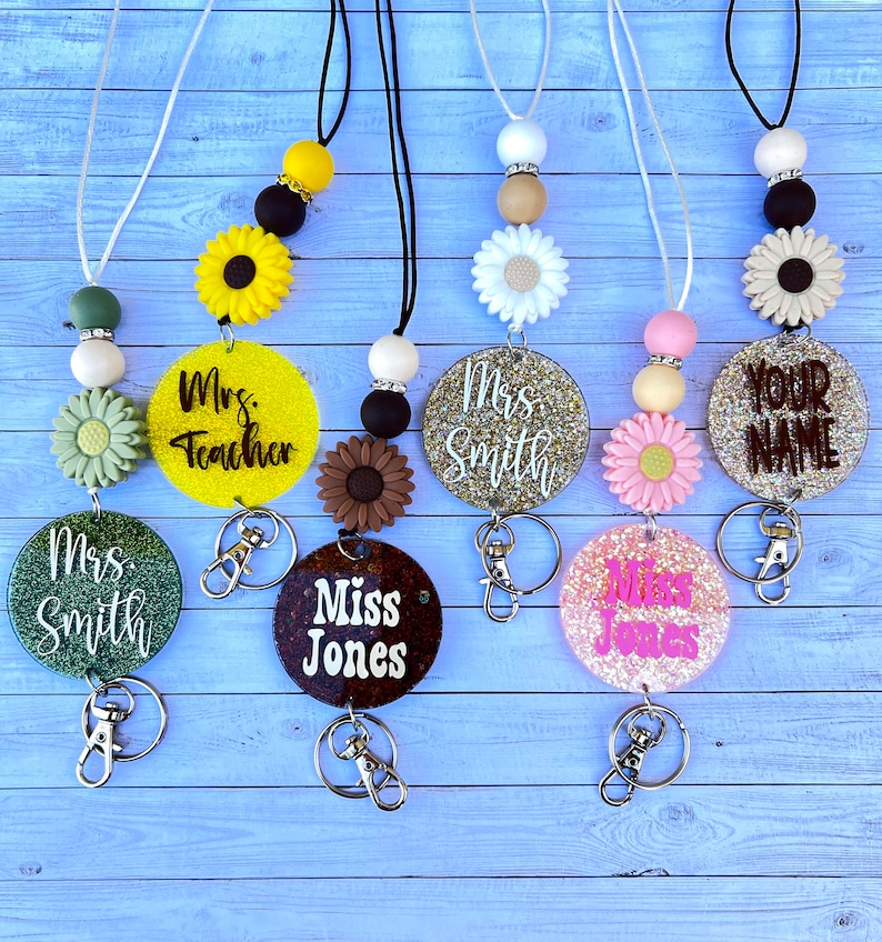 Sunflower Teacher Lanyard Custom Holder Beaded Affordable Gift Cute ...