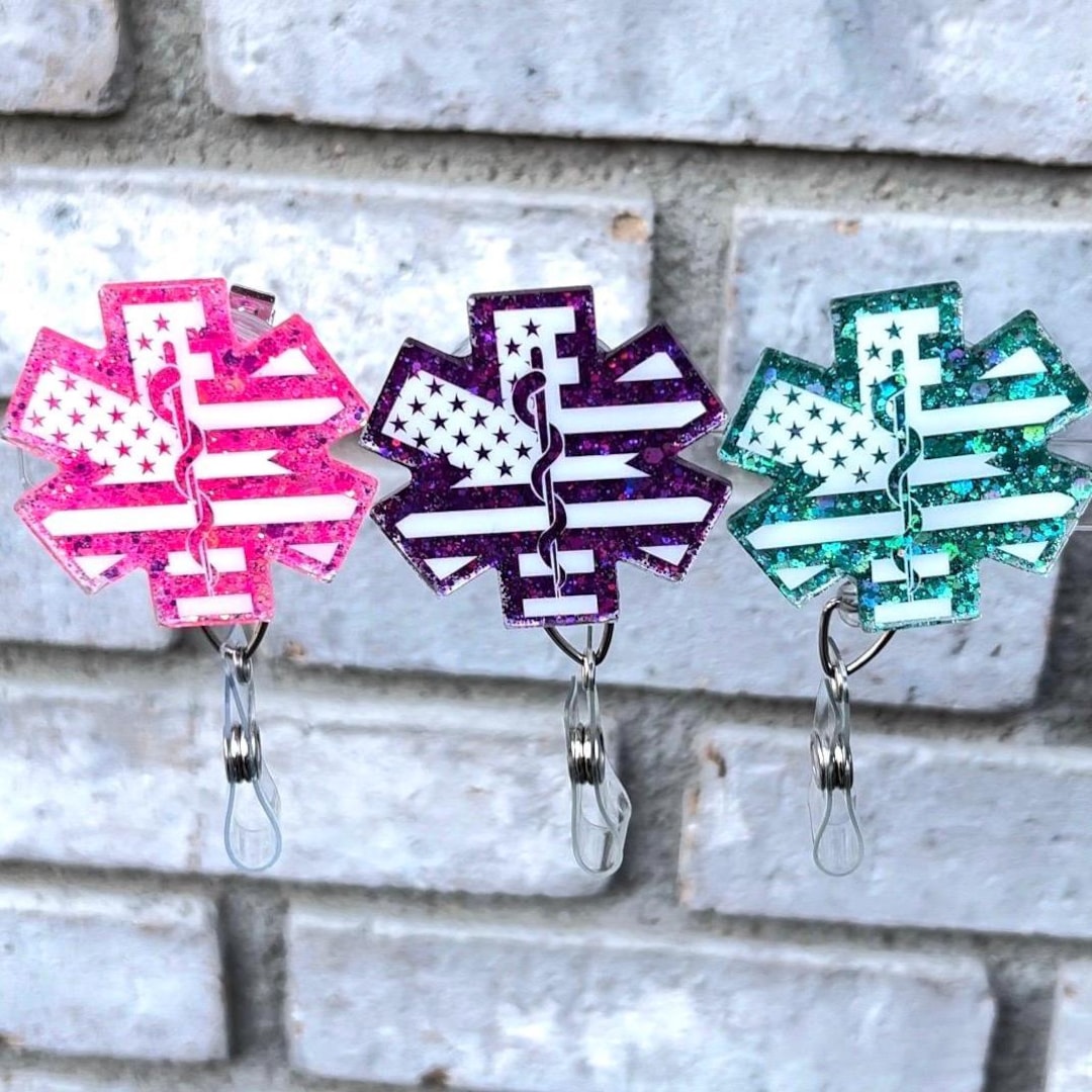 Star of Life Flag Badge Reel EMS Health Care Medical Professional Pink ...