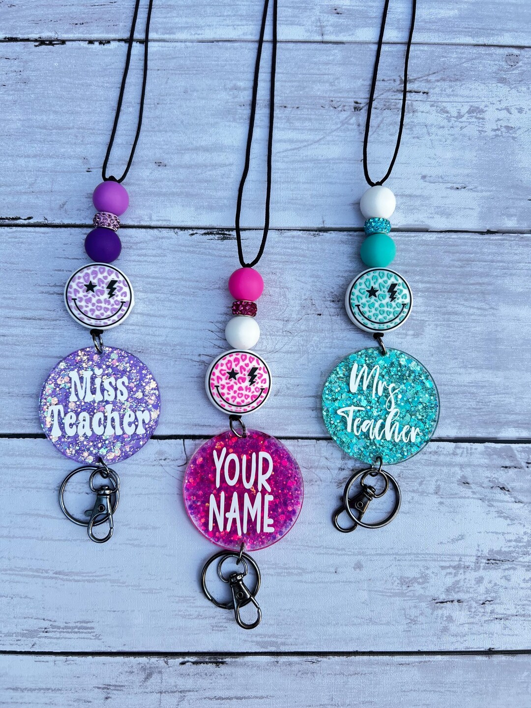 Checked Smile Lanyard Badge ID Holder Custom Beaded Affordable Teacher ...