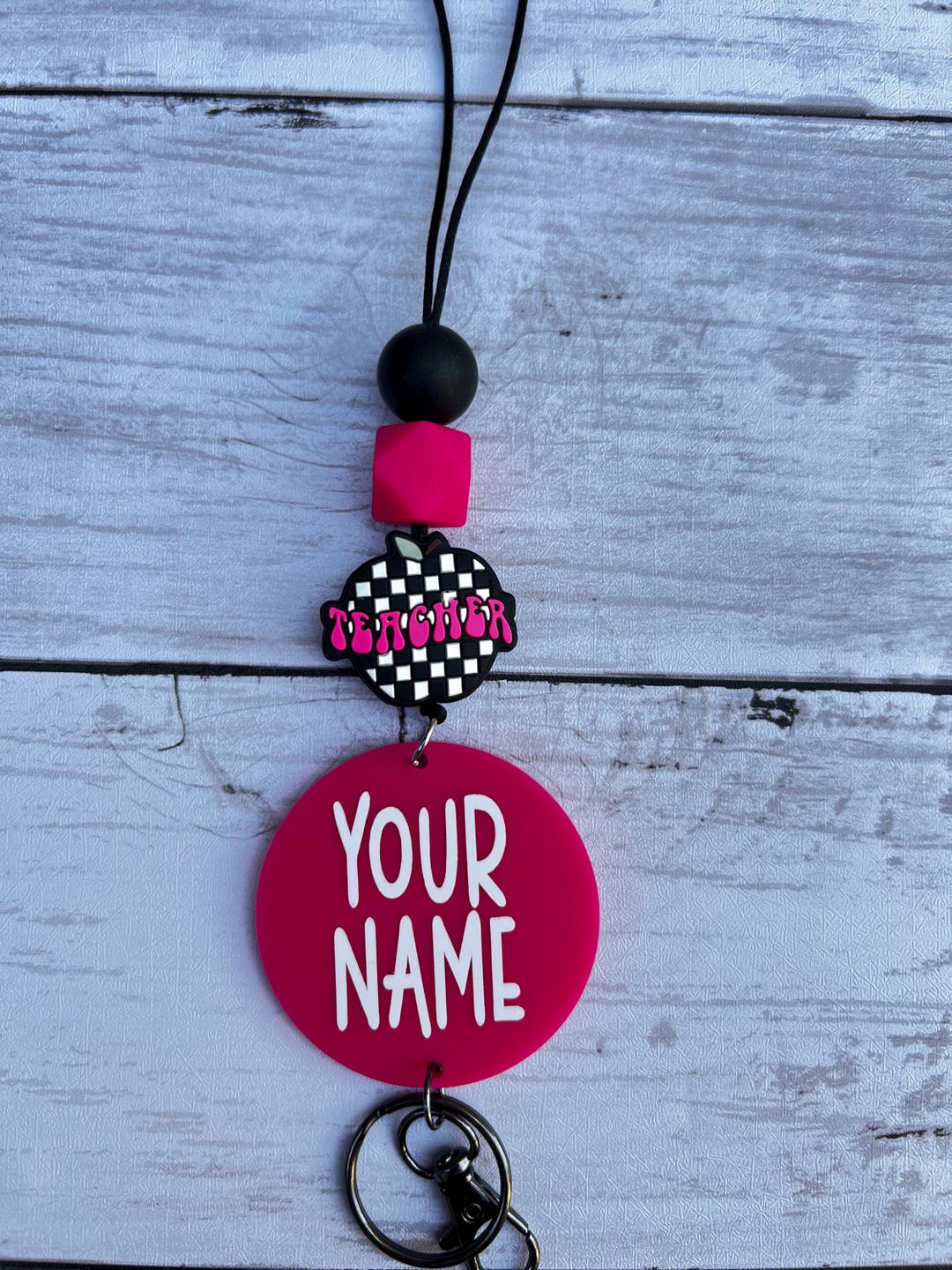Checked Board Teacher Lanyard Hot Pink Custom Holder Beaded Affordable ...