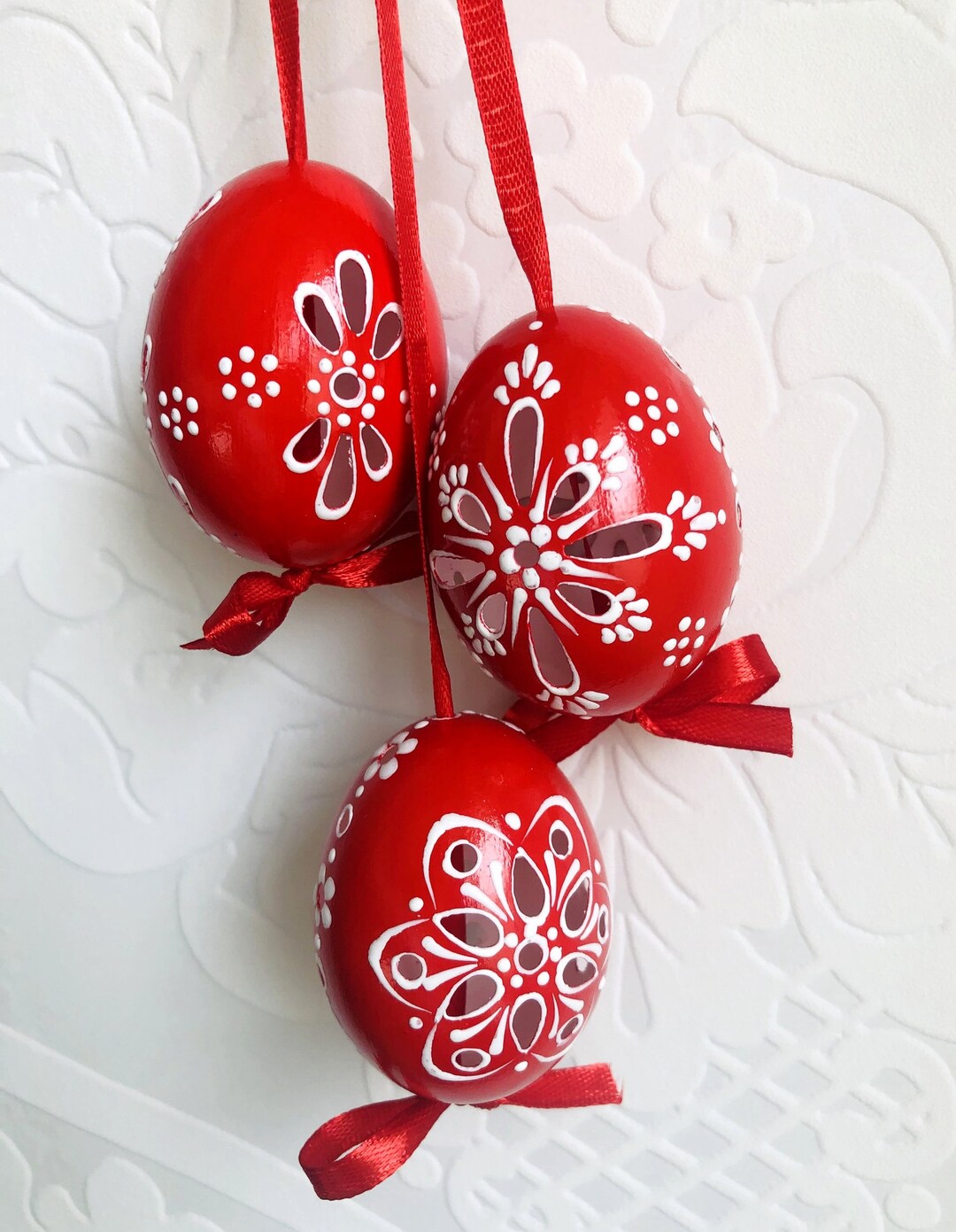 Set 3 Red Easter Eggs With Madeira and Ribbon - Etsy