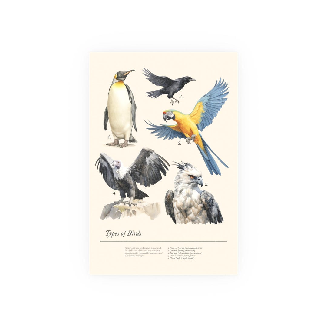 Birds Fine Art Print, Penguin, Raven, Macaw, Condor, Harpy Eagle Poster ...