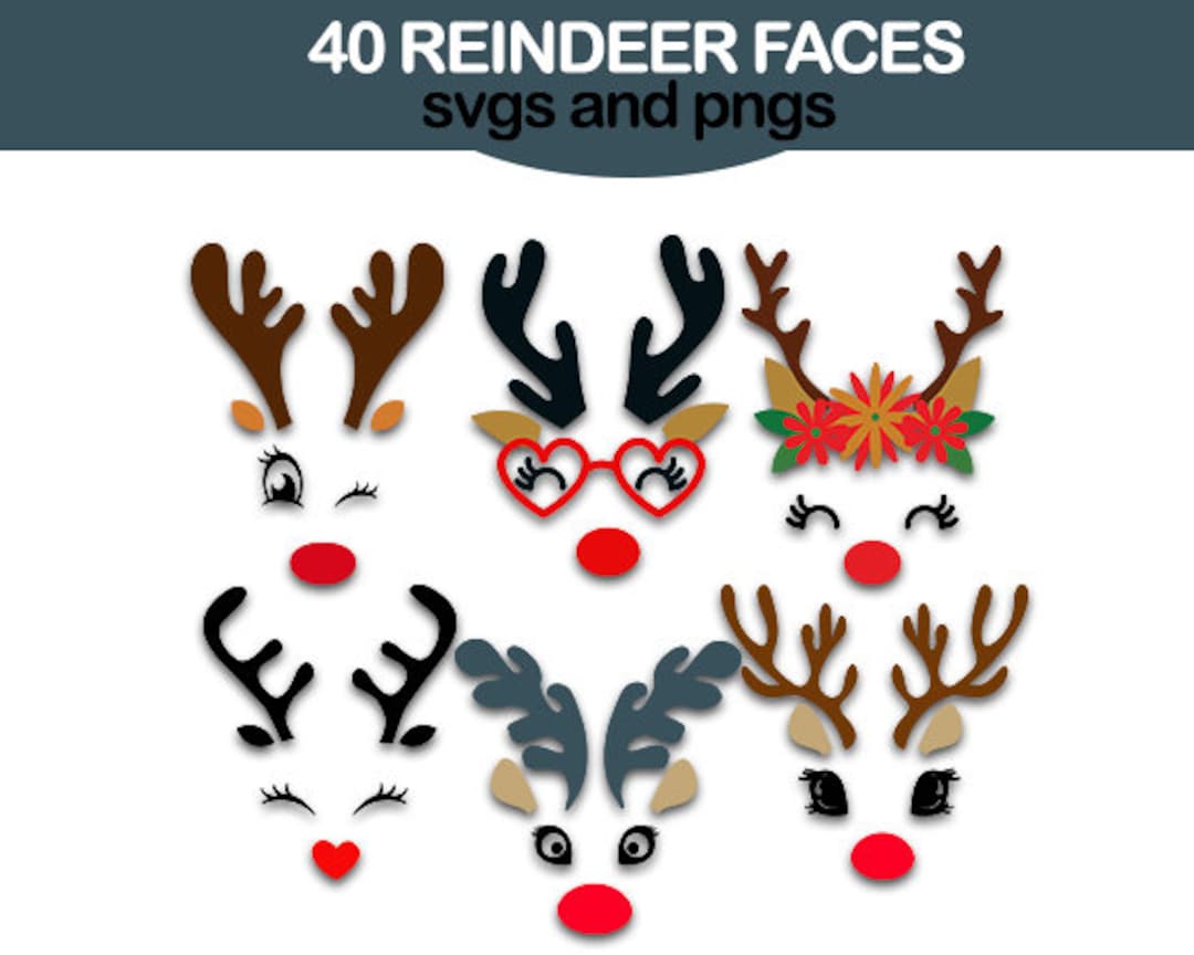 Set of 40 SVG and PNG Reindeer Face Cut Files for Christmas - Etsy