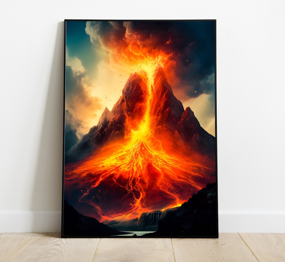 Volcanic Eruption Fracturing Mountain Wall Decor Print Poster, Volcano ...