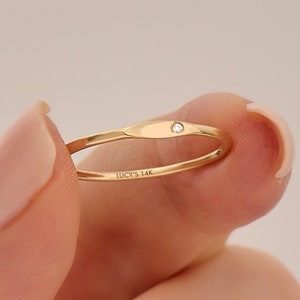 Diamond Minimalist Signet Ring, 14k Solid Gold Tiny Diamond Ring, Slim Pinky Ring Women Thin ...