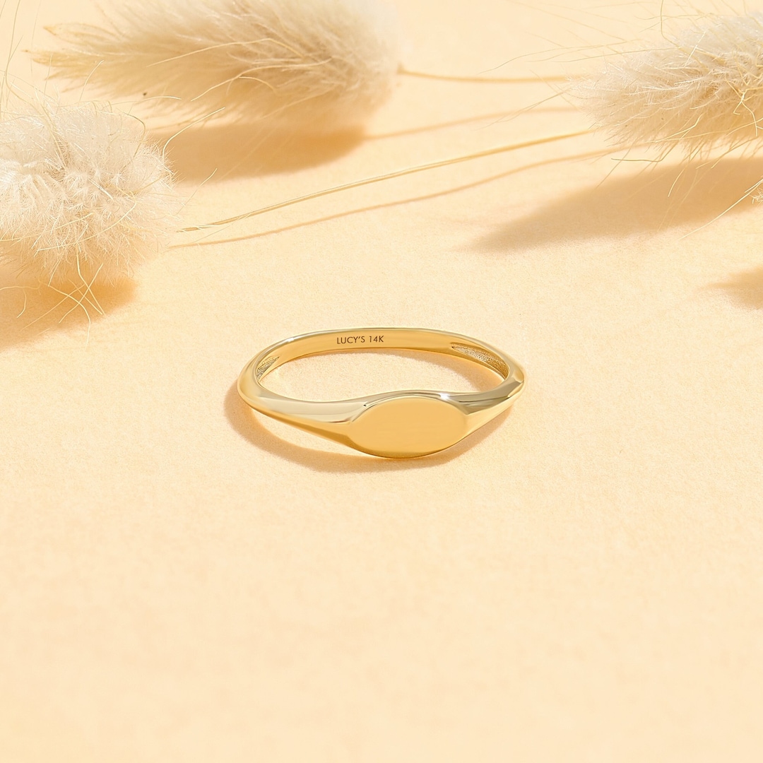 14k Solid Gold Oval Signet Ring, Personalized Monogram Ring for Women, Engravable Signet Ring ...